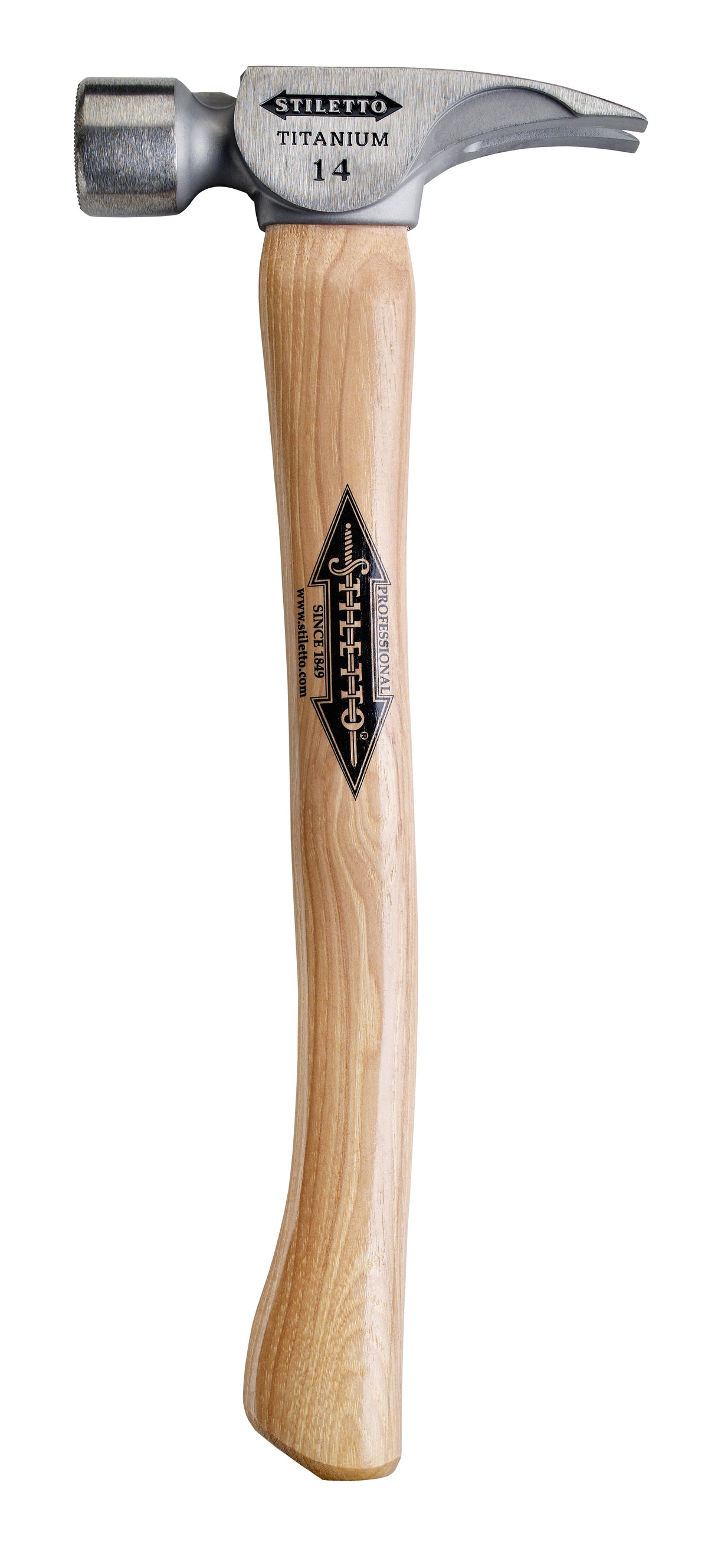 Stiletto 14 oz. Titanium Smooth Face Hammer w/ 18" Curved Hickory Hand ...